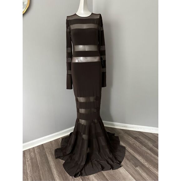 Norma Kamali | Dresses | Nwt Norma Kamali Long Sleeve Spliced Meshstriped Fishtail Gown ...